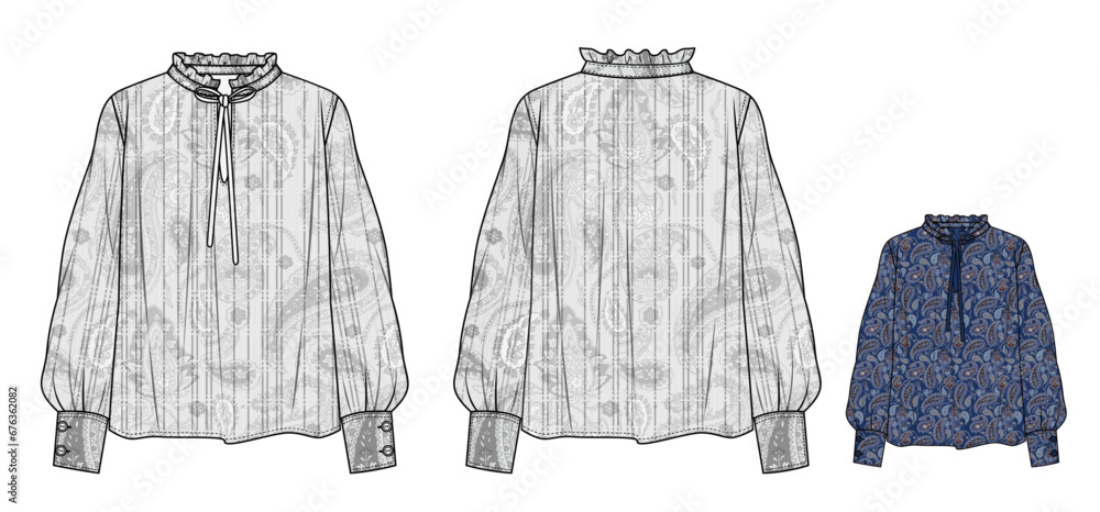 Stand High Neck Bishop Sleeve Blouse Top Fashion Illustration, Vector ...