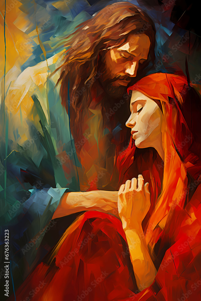 Jesus and Mary Magdalene embracing red robe red hair expressionism ...