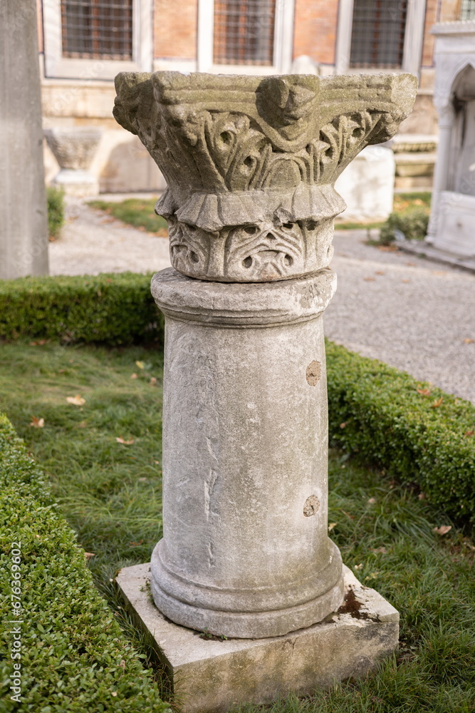 Elements of architectural decorations of buildings, columns and tops ...