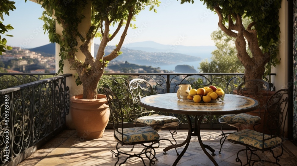 A Mediterranean terrace with wrought iron railings, potted lemon trees ...