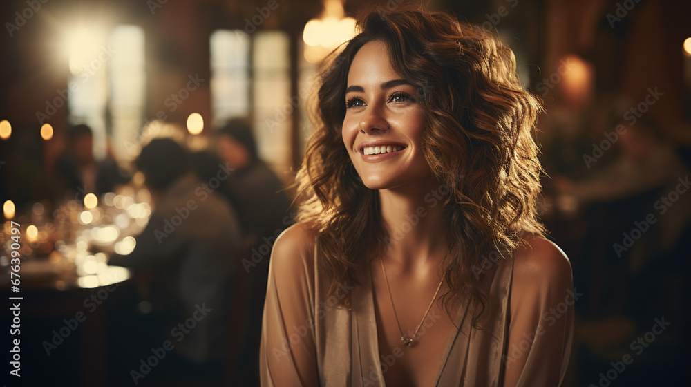 Stock-Foto „Beautiful woman clapping hands while sitting at dinner ...