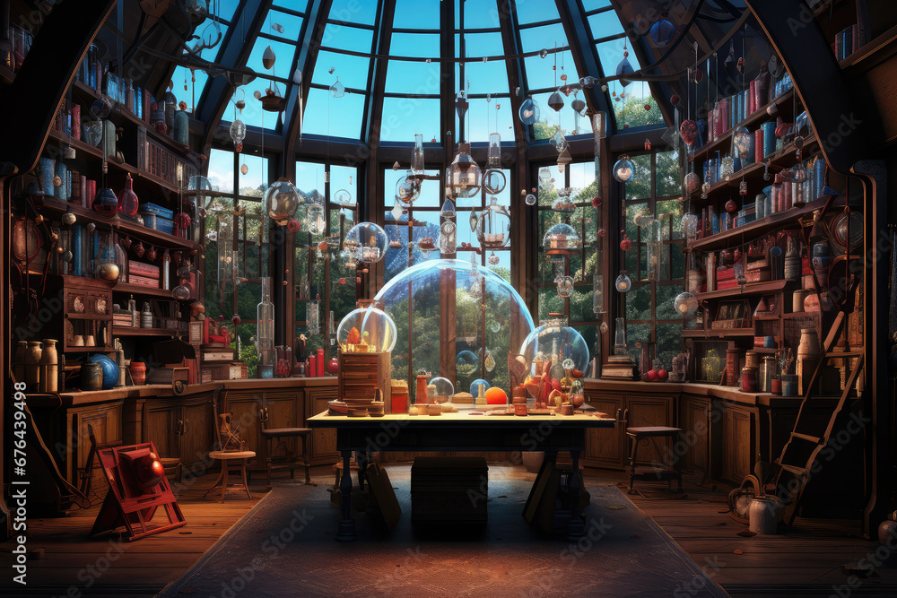 Magic laboratory with objects and experiments with huge windows ...