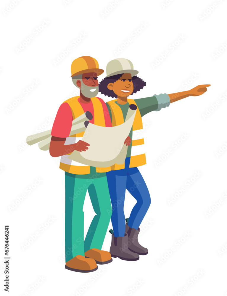 Building Construction worker, a man holding a plan and a woman, talking ...
