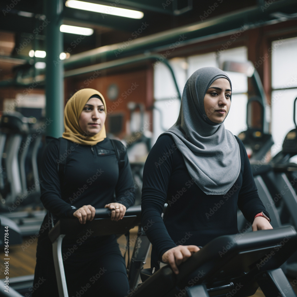 Muslim women with hijab doing sports in a gym. Stock Illustration ...
