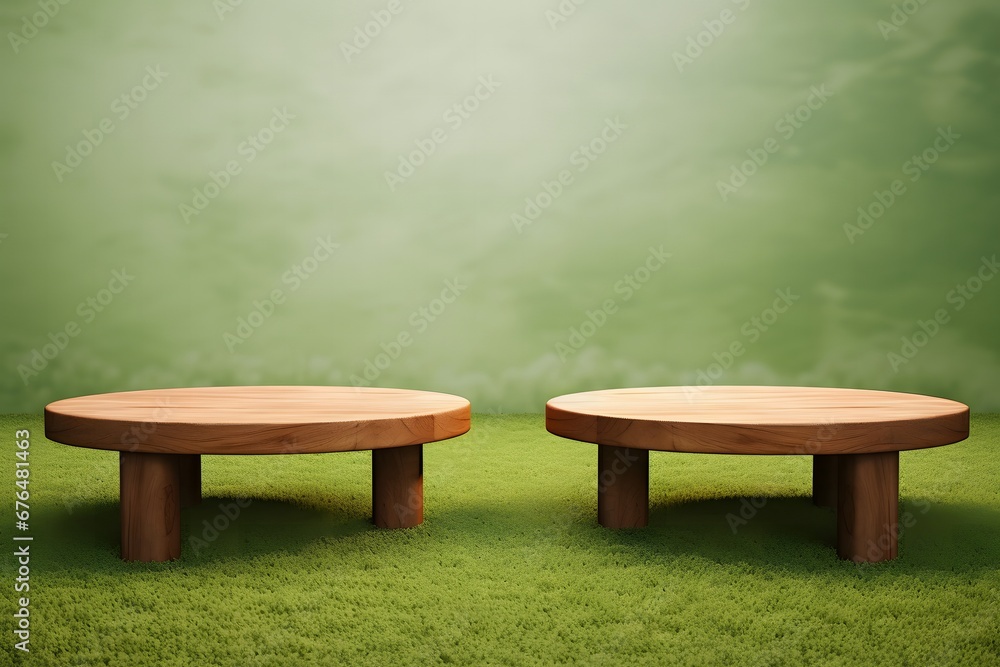 two wooden round tables on a grassy area, in the style of rendered in ...