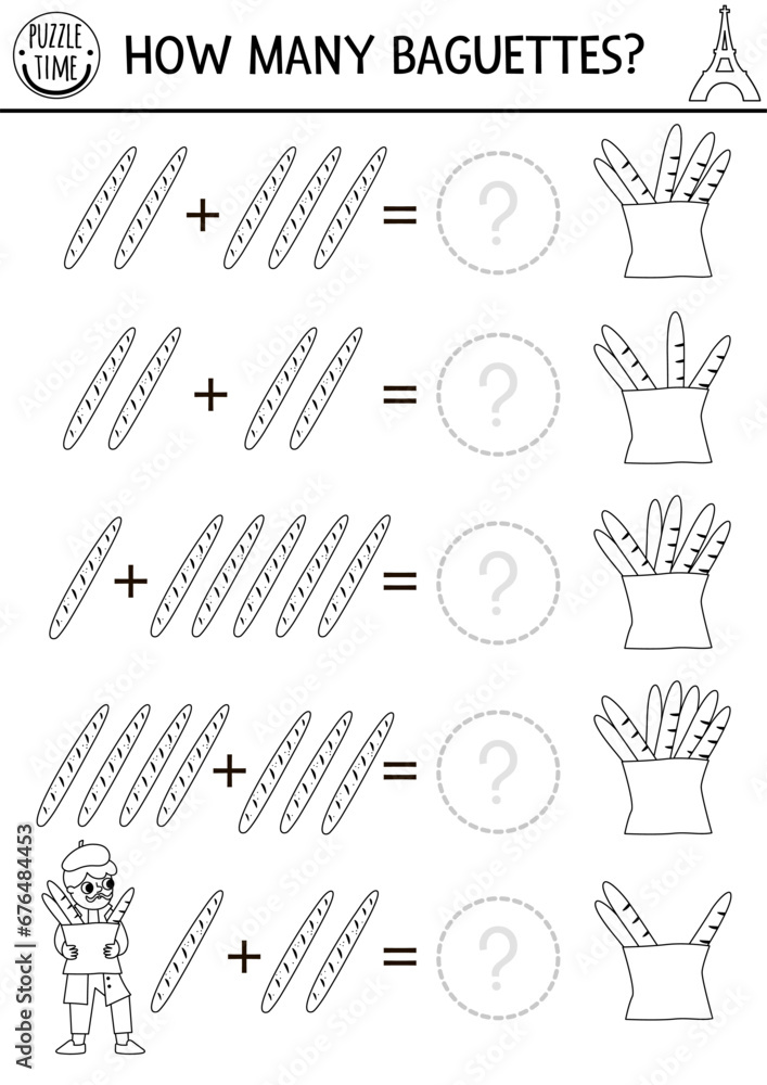 How many baguettes game. French black and white traditional pastry math ...