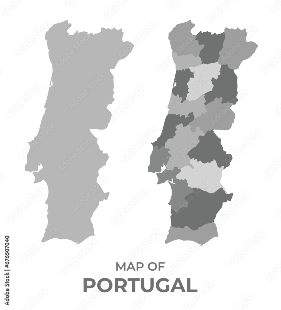 Greyscale vector map of Portugal with regions and simple flat ...