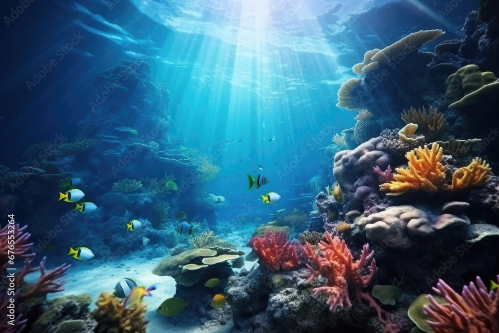 Split underwater view of tropical sea bottom and sky background Stock ...
