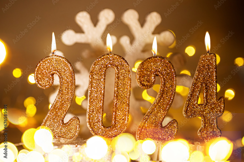 year 2024 golden Candles. Happy New Year 2024 poster. Christmas ...