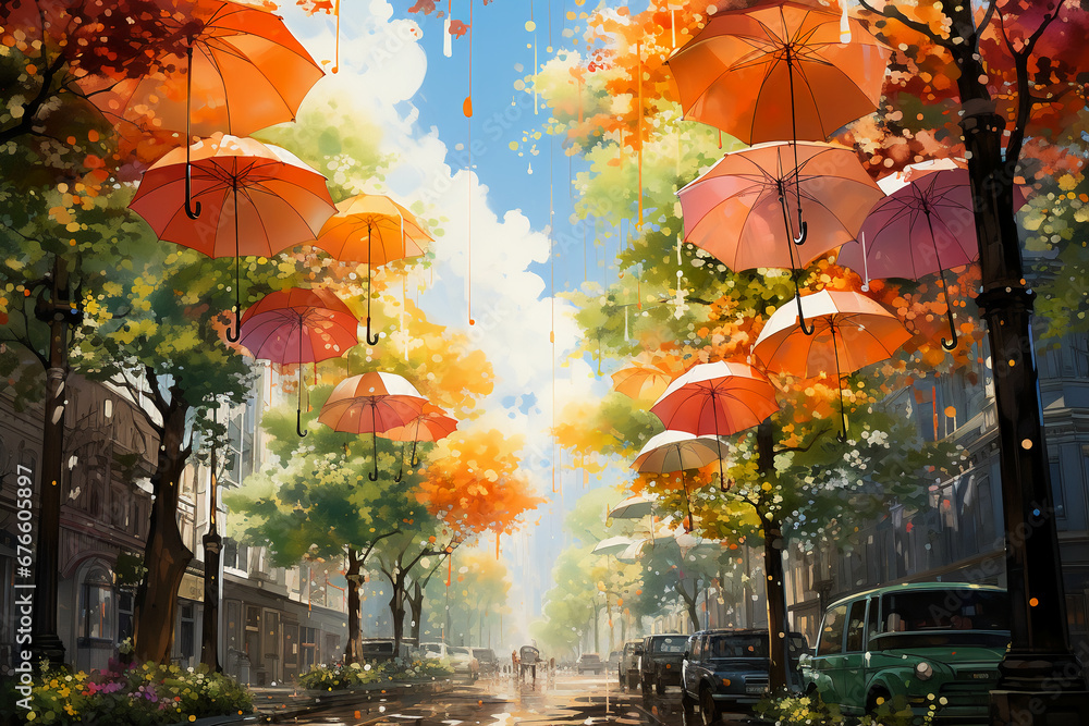 Watercolor painting, Hollywood style, looking up into a fall tree ...
