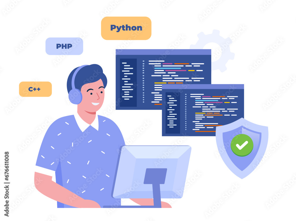 Web development. programming languages. css, html, it, ui. programmer cartoon character ...