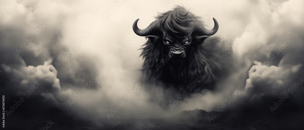 Bison bull beast roaming the prairie fields, shrouded in a dusty cloud ...