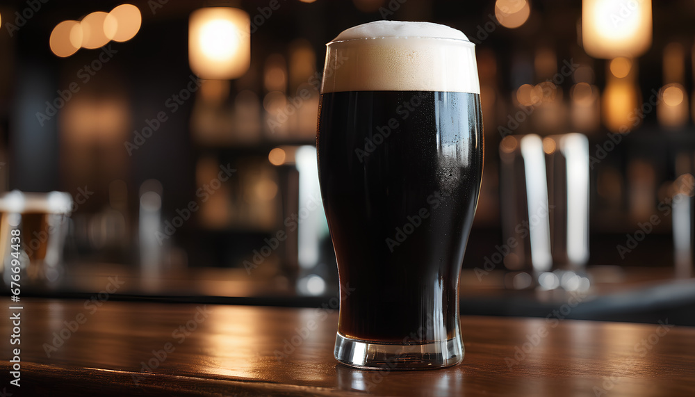 Rich stout beer in a tall glass with frothy foam on a bar counter ...