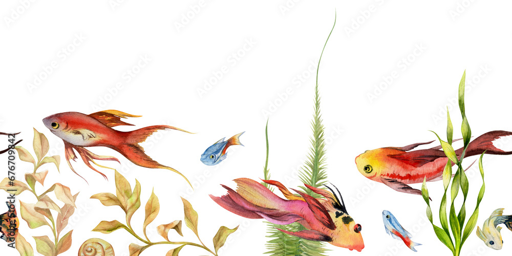 Hand drawn watercolor aquarium fish, algae and sealife. Marine exotic ...