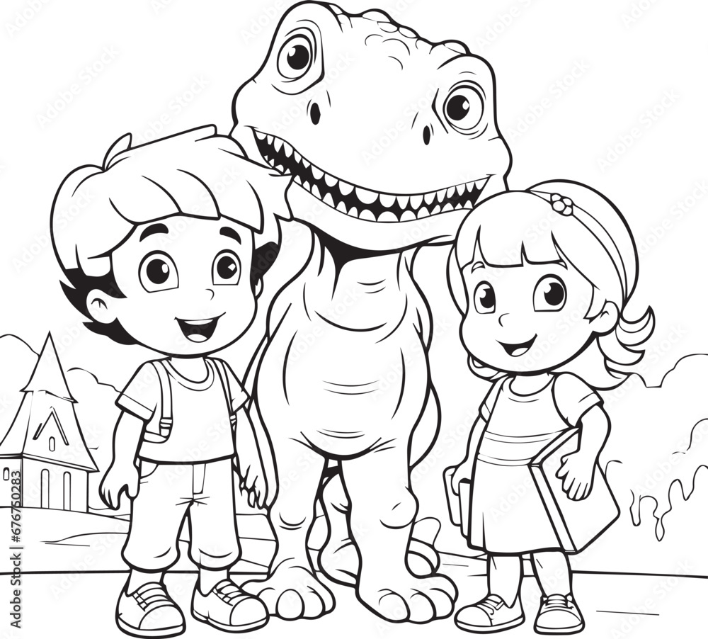 Line art Cute Boy & Girl with a dinosaur coloring book page design ...