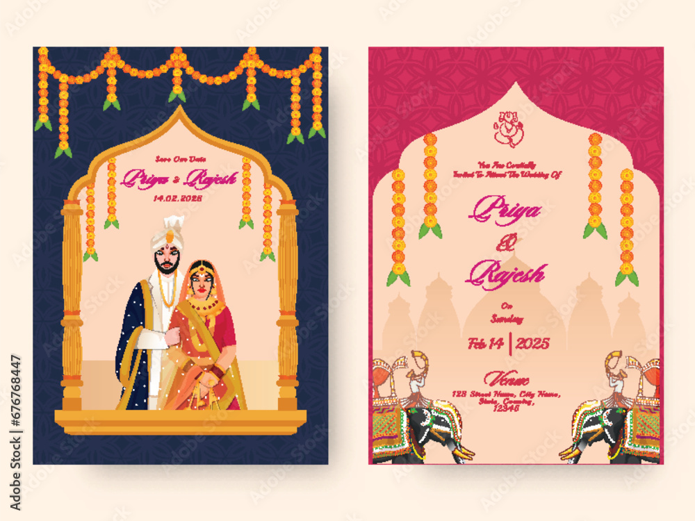 Front And Back View Of Wedding Invitation Card Design With Indian ...