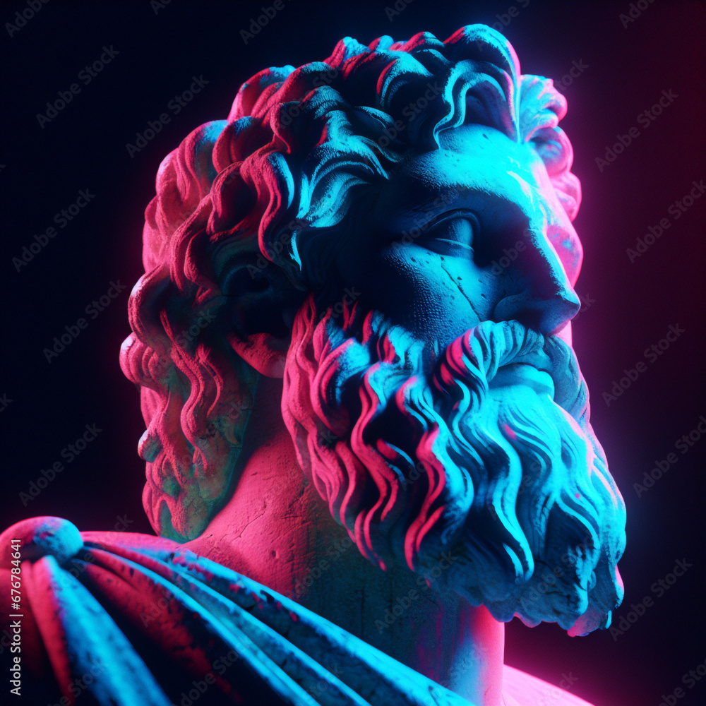 Bust of the god Zeus. Ancient Greek mythology. Antique sculpture. God Zeus. Neon, ultra modern ...