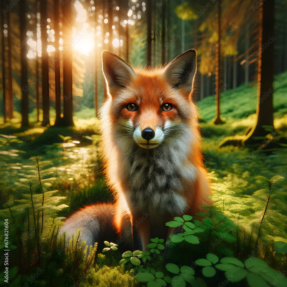 Vibrant Red Fox in Lush Forest with Sunlight Filtering Through Trees ...