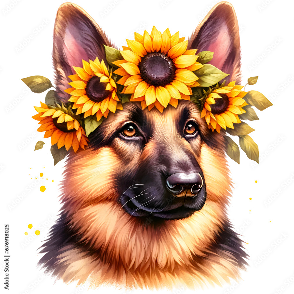 Cute german shepherd with sunflower crown watercolor clipart, PNG ...