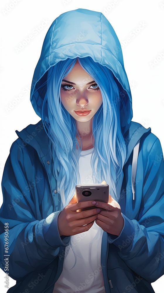woman blue hair hoodie holding cell phone pale skin portrait teenage ...