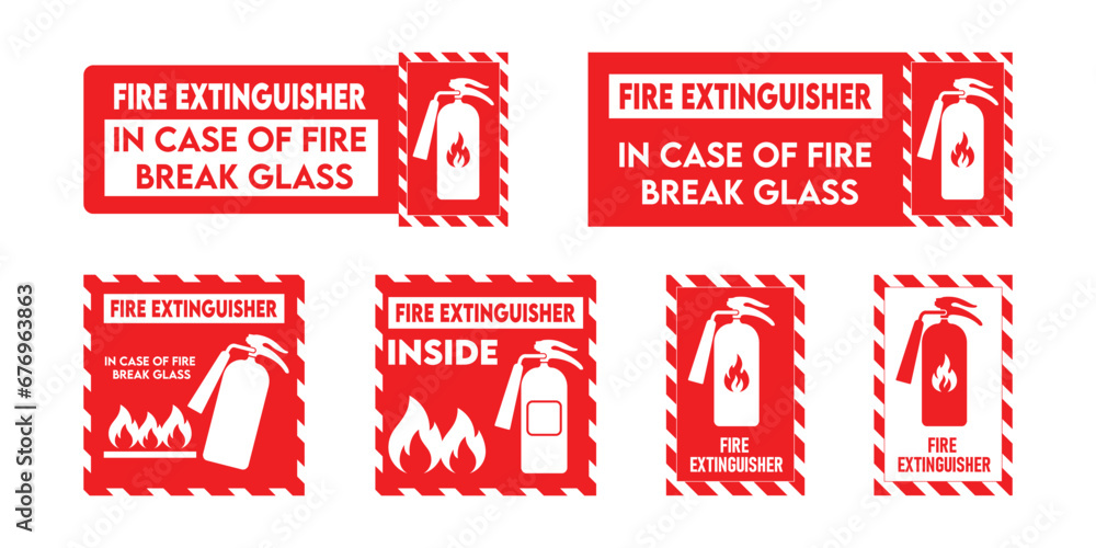 Fire extinguisher sign, In case of fire break glass vector sign and ...
