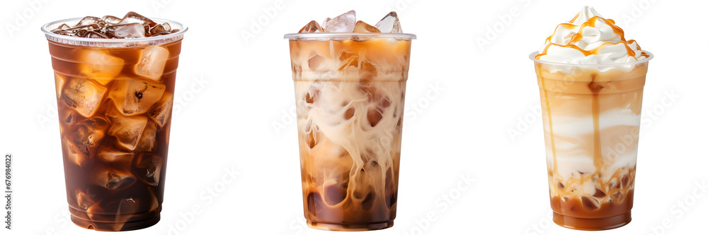 Iced coffee cups isolated on transparent background, side view, view ...