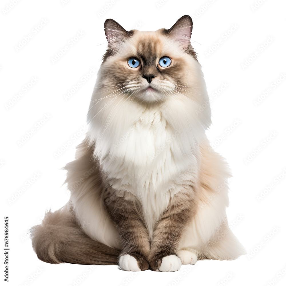 Ragdoll cat with soft fur poses gracefully, displaying full body on a ...