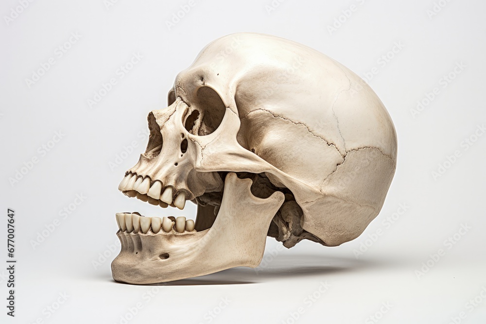 Human skull seen from the left side with an open mouth isolated on ...