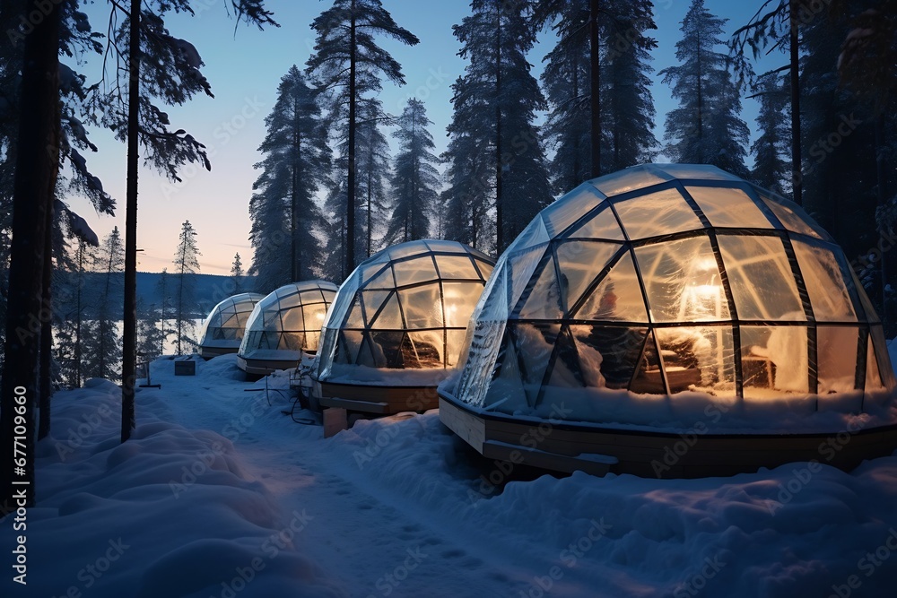 Generative AI : Glass igloos in the Arctic resort. Ideal for viewing ...
