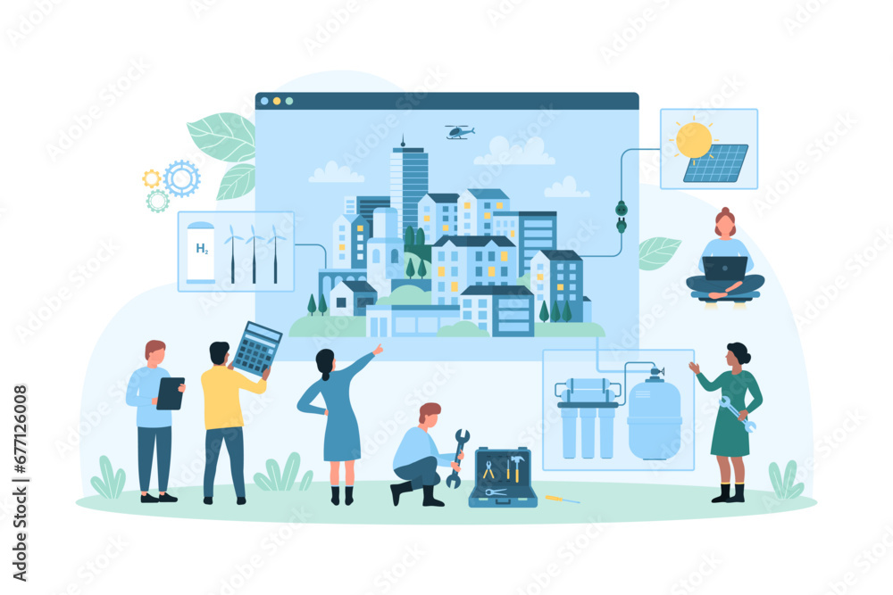 Green city infrastructure planning vector illustration. Cartoon tiny ...