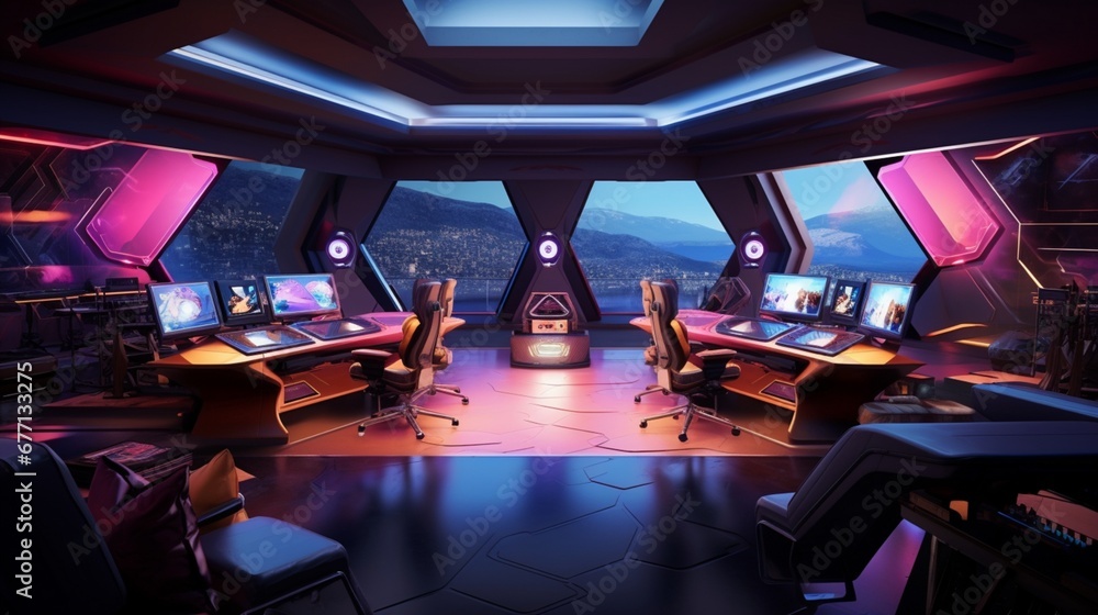 Photo Stock A high-tech gaming room with RGB lighting, gaming pods, and ...