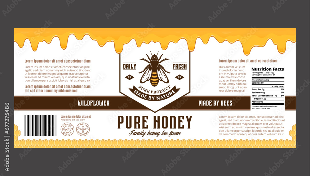 Honey label or packaging design template with honeycombs and dripping ...