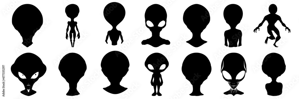 Alien silhouettes set, large pack of vector silhouette design, isolated ...