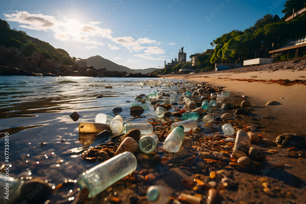beach full of garbage and plastic waste as wide banner for ...