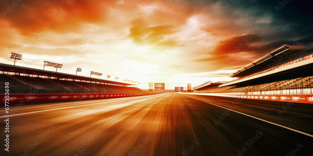 F1 race track circuit road with motion blur and grandstand stadium for ...
