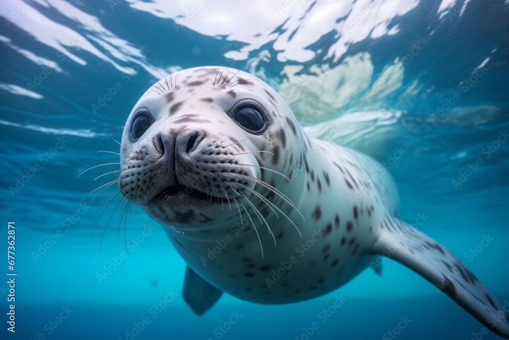 leopard seal swimming underwater in the antarctic sea towards the ...