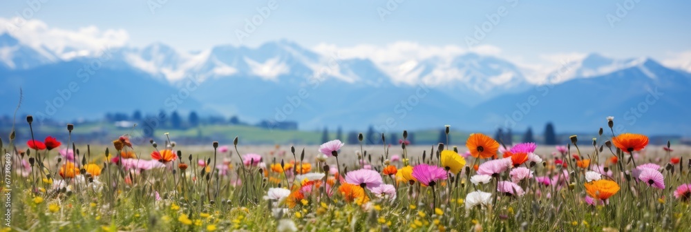Panoramic view of wild flower field in wild with variable colors and ...