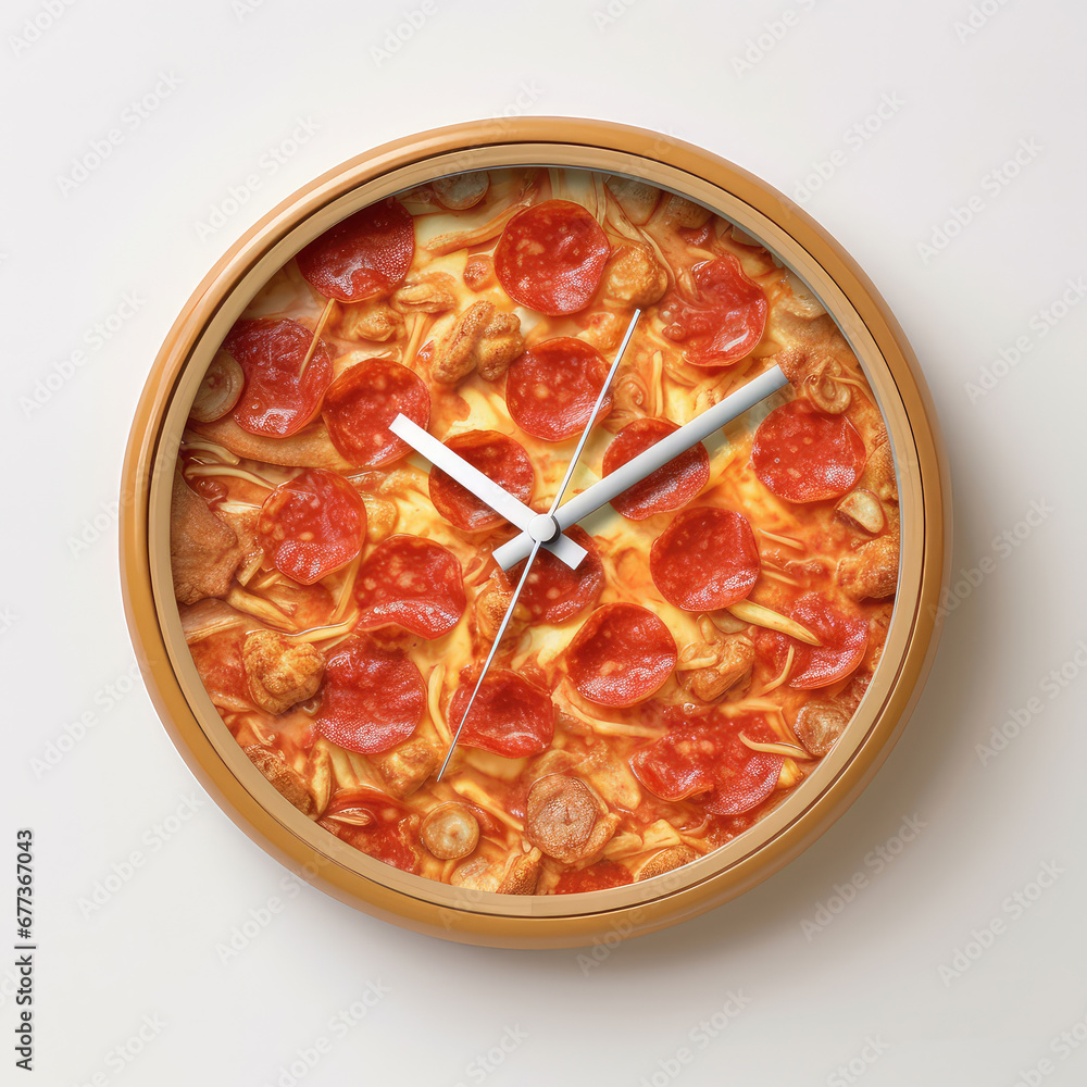Pizza time concept. Top view on clock with hands made from big ...