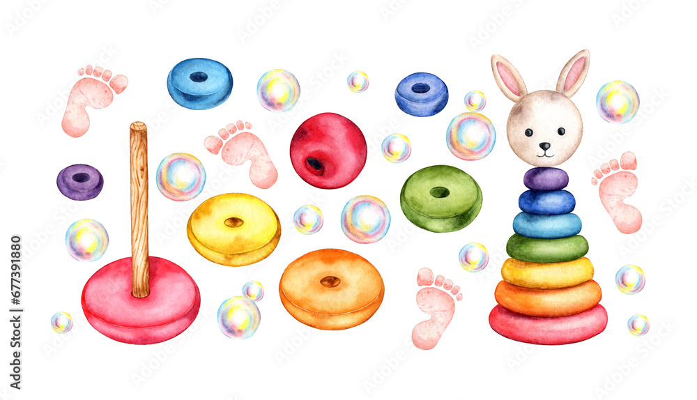 Watercolor illustration of a set of children's toys assembled and ...