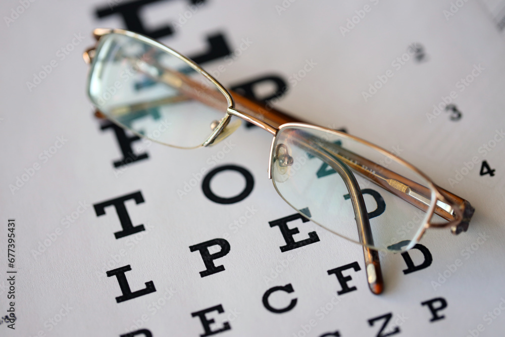 spotted eyeglasses on eyesight test chart isolated on white. eye ...