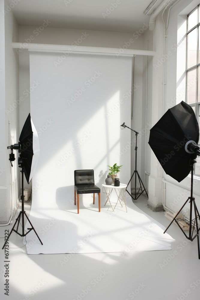 Professional photography studio featuring a pristine white roll-up ...