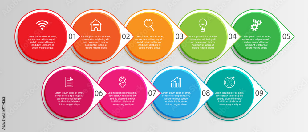 9 step 3d vector infographic, simple design with various interconnected ...