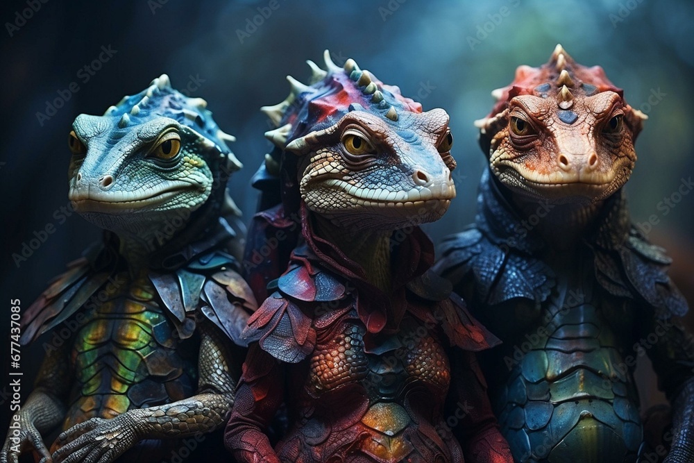 Familia de reptilianos, coloridos, colores brillantes, piel de lagarto ...