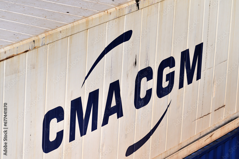 A container on an intermodal freight train with a container ...