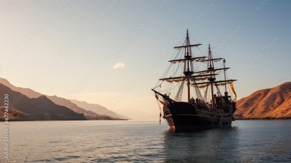 Стоковое фото «Pirate ship drifts on azure sea during calm arriving to ...