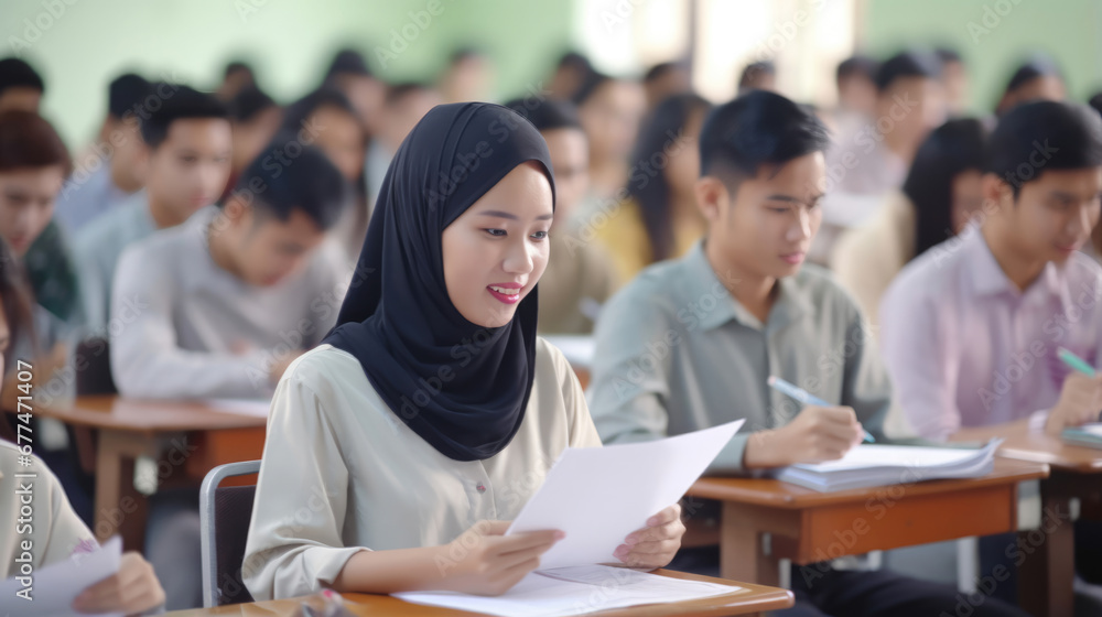 Southeast Asian students attending a lecture and taking notes during an ...