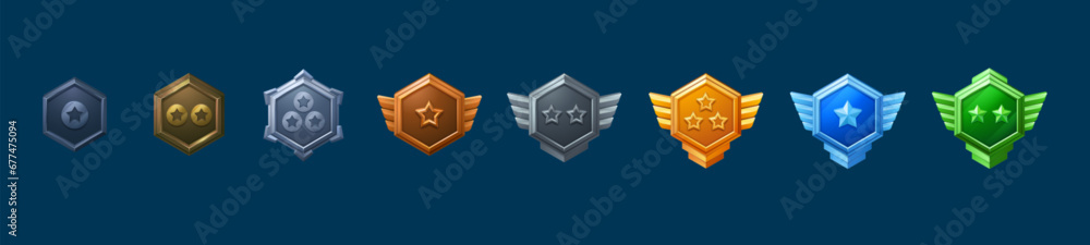 Medal and badge with star and wings for game ui level rank design ...