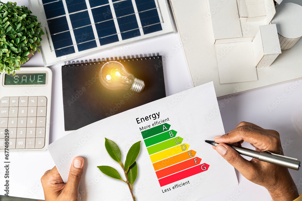 Energy efficiency concept with energy level chart Tabletop energy ...