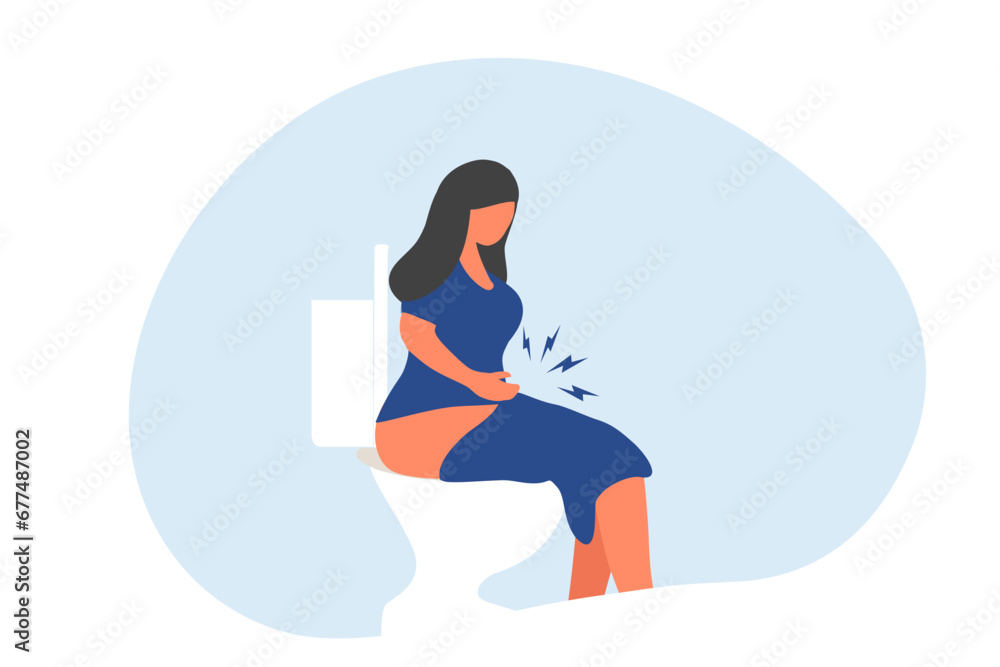 Woman sitting on toilet suffering with constipation, diarrhea, stomach ache and normal digestive ...
