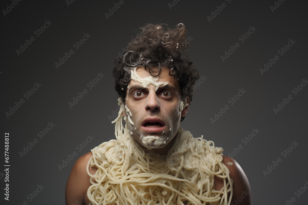 Стоковая иллюстрация «A messy looking man covered with spaghetti and ...